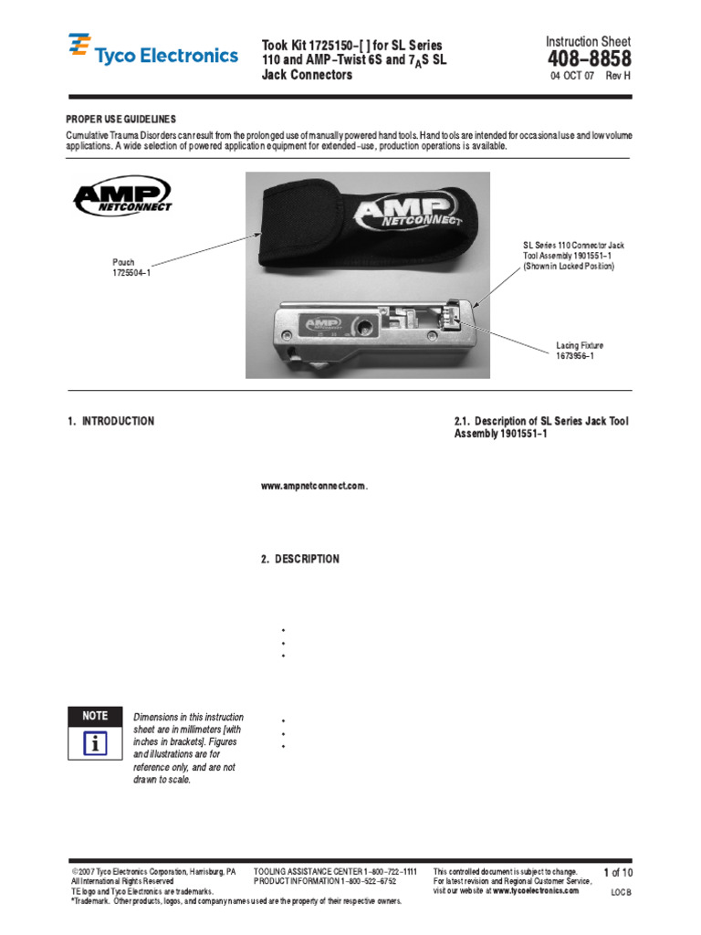 Instruction Sheet Took Kit 1725150 - For SL Series 110 and AMP-Twist 6S ...