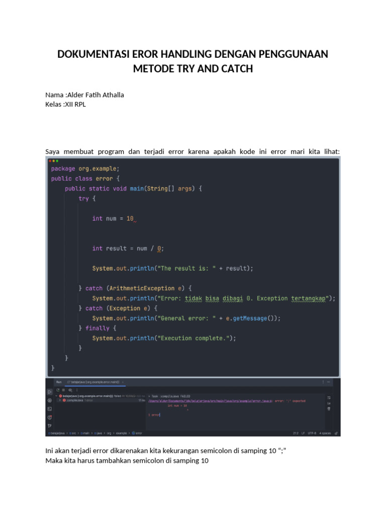 DOKUMENTASI EROR HANDLING DENGAN PENGGUNAAN METODE TRY AND CATCH | PDF