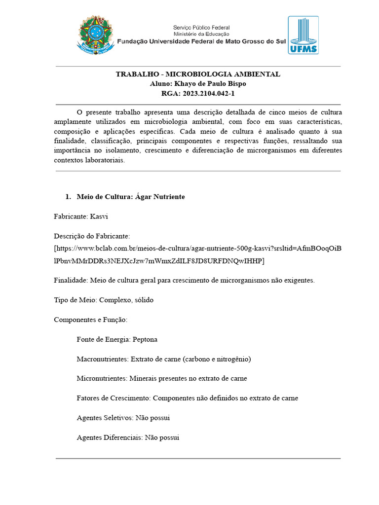 Trabalho - Microbiologia Ambiental - Khayo | PDF | Meio de cultura ...