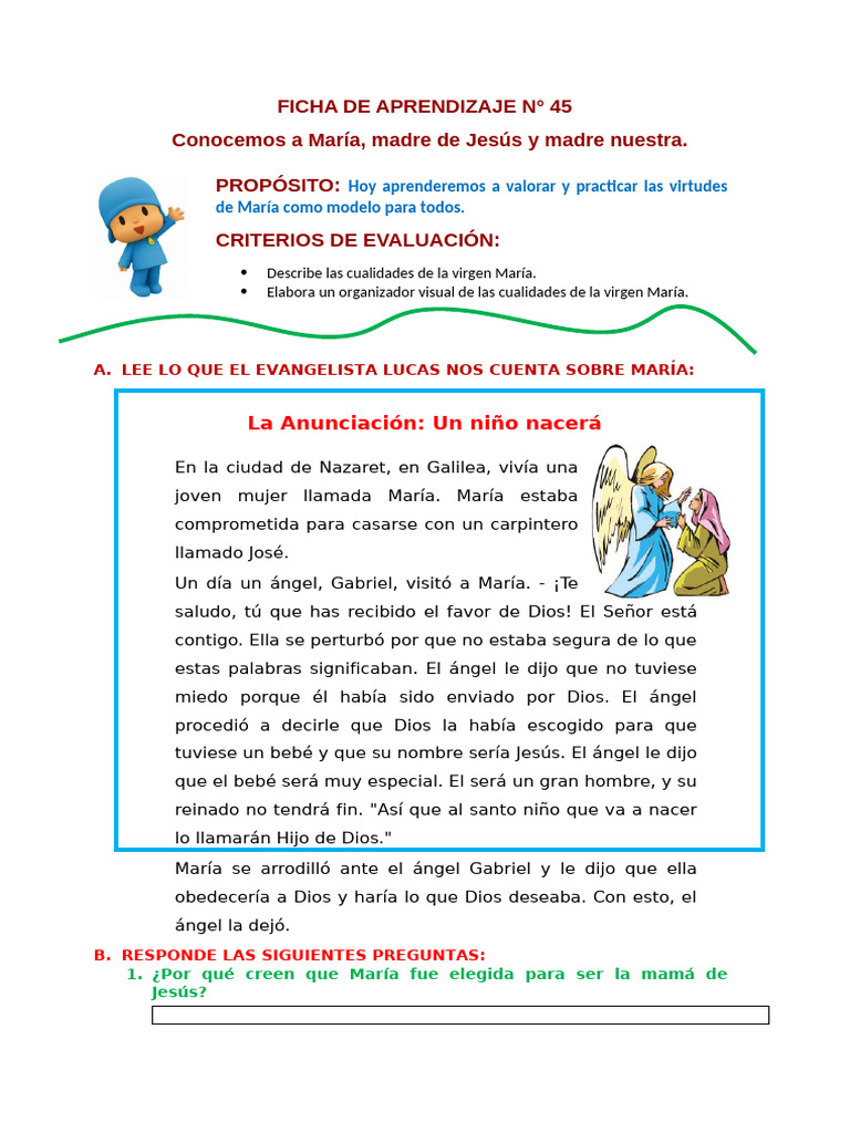 3º FICHA N° 45 - U2conocemos a María, madre de Jesús y madre nuestra | PDF