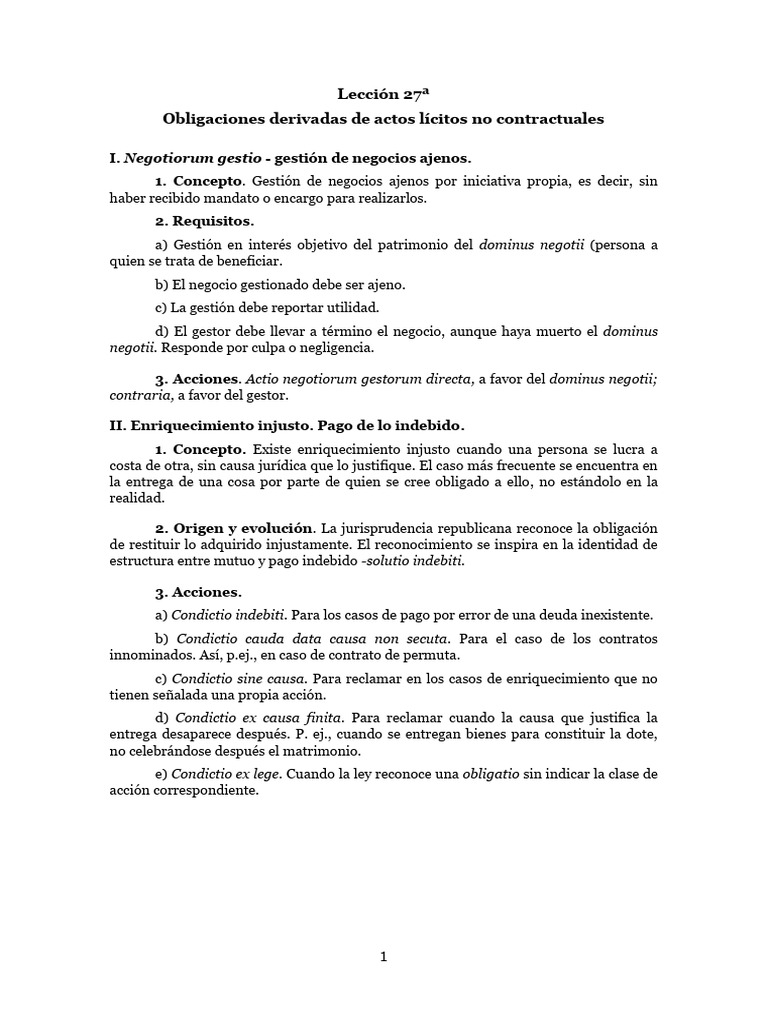 Esquema Lec. 27ª. Obligaciones Actos Lícitos No Contractuales | PDF