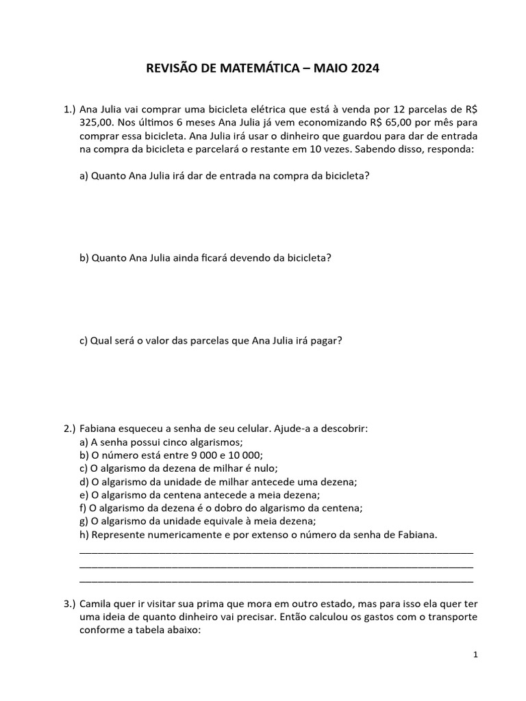 Revisão Matemática 20240525 | PDF | Cavalos | Vitamina