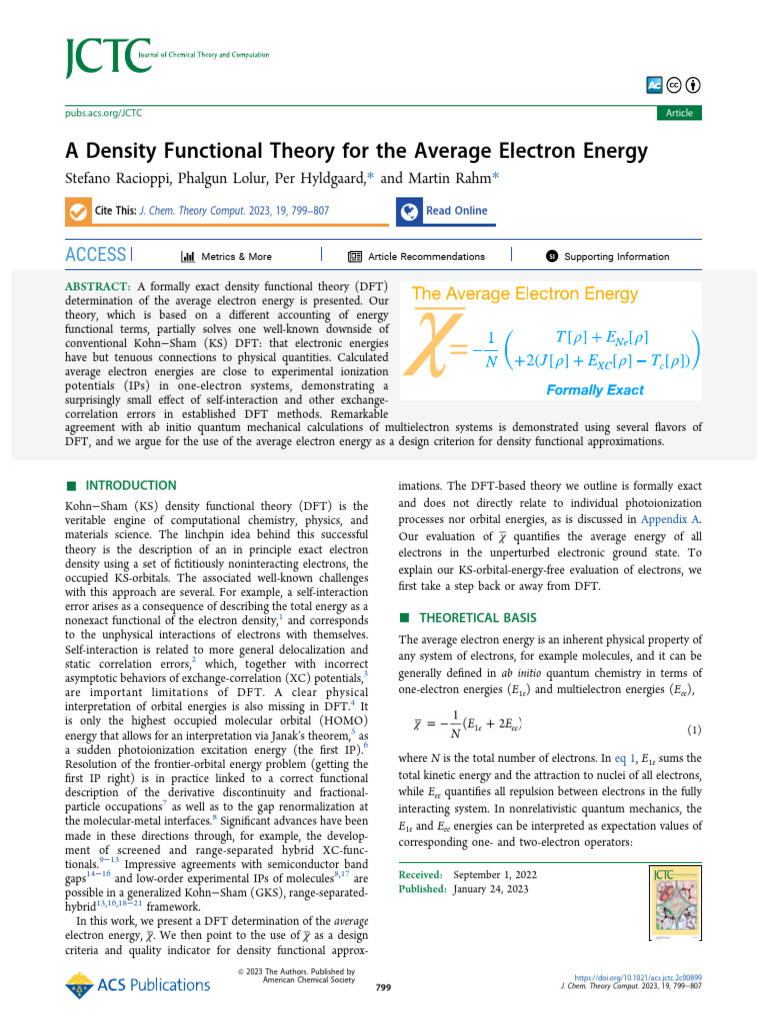 A Density Functional Theory For The Average Electron Energy | PDF | Density Functional Theory ...
