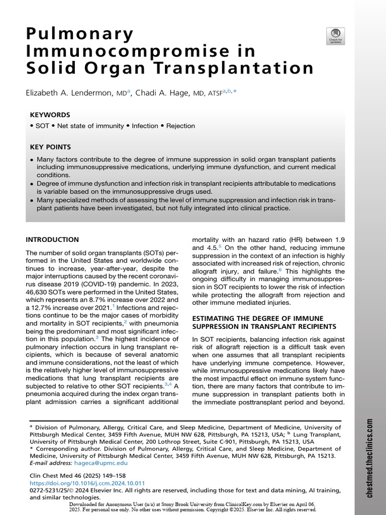 Pulmonary Immunocompromise in Solid Organ Transplantation | PDF ...