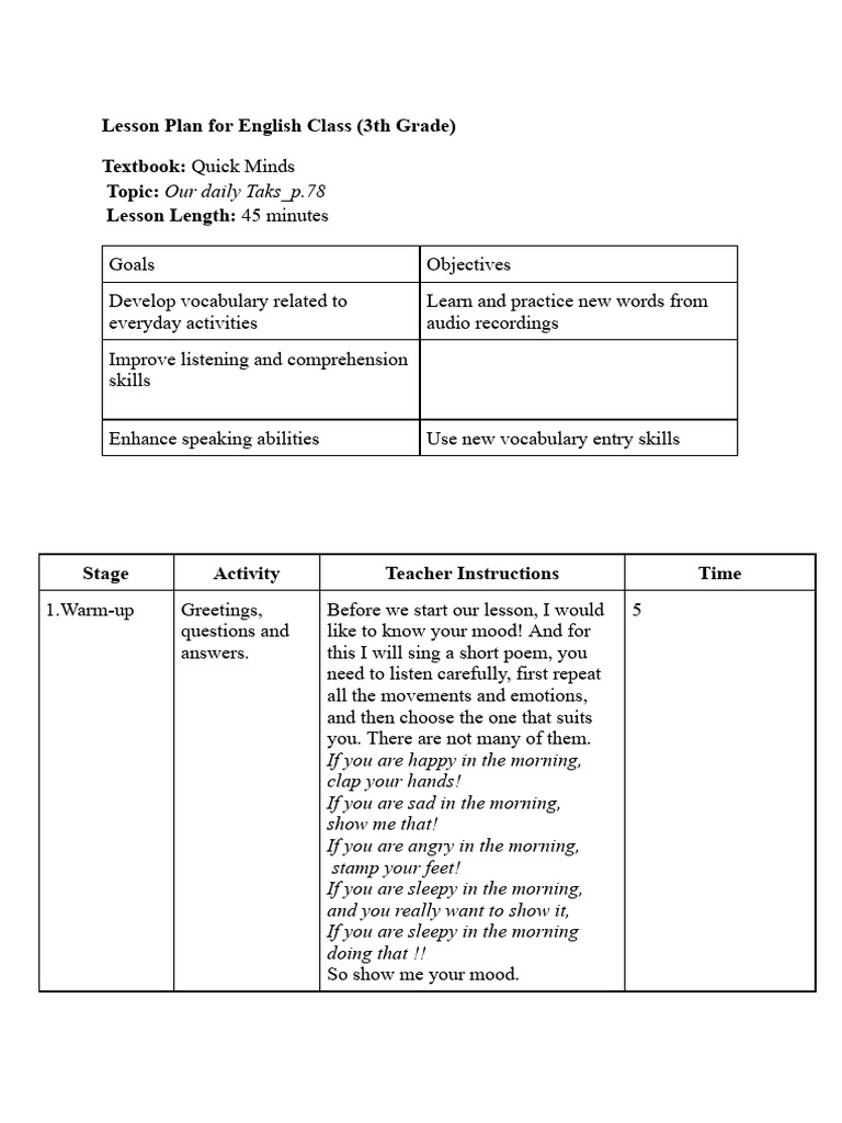 Lesson Plan For English Class (3th Grade) | PDF | Reading Comprehension | Cognition