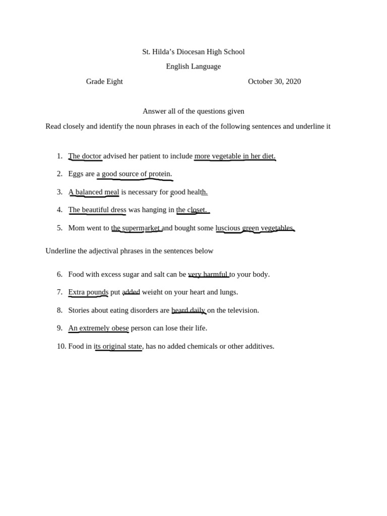 Grade 8 Lang Phrase Homework | PDF