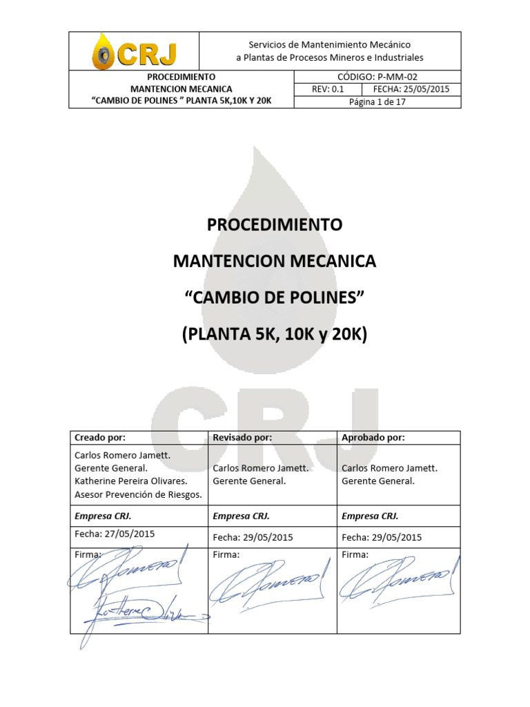 Cambio de Polines en Plantas Mineras | PDF | Residuos | Ingeniería de confiabilidad