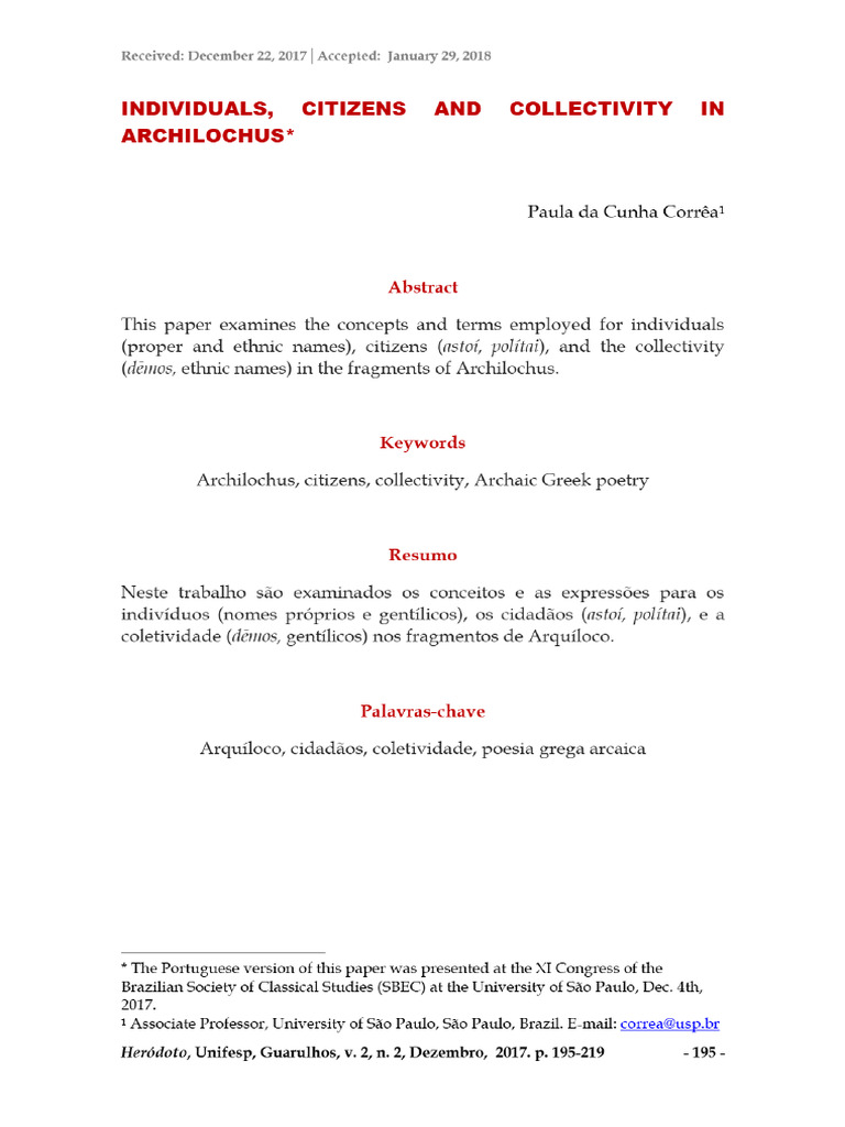 Vista Do Individuals, Citizens and Collectivity in Archilochus | PDF