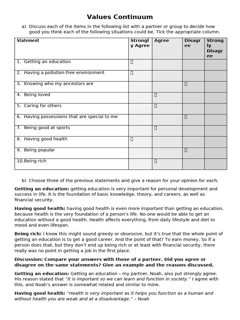 9HED Values Continuum Exercise | PDF | Behavioural Sciences ...
