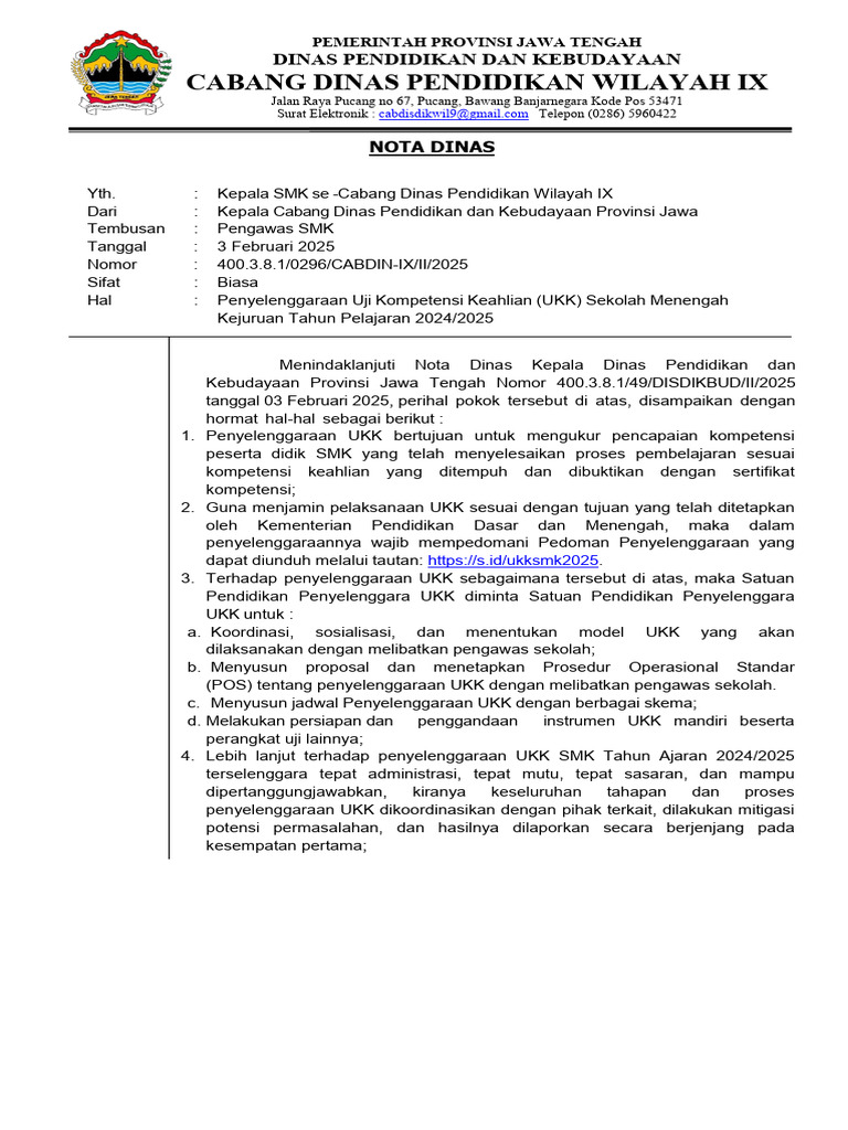 ND. Penyelenggaraan Uji Kompetensi Keahlian (UKK) SMK 2024 2025 | PDF