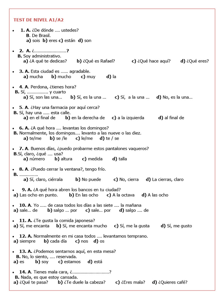 Test de Español Nivel A1/A2 | PDF