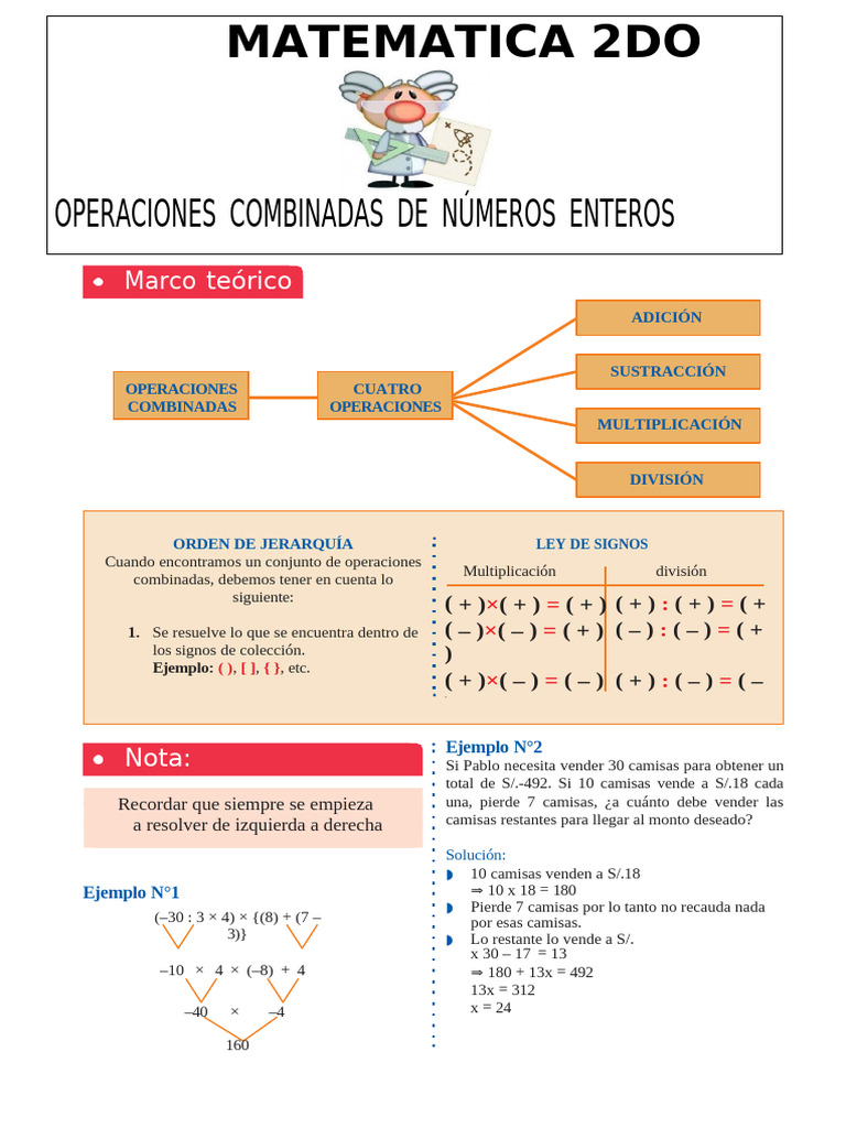 Operaciones Combinadas de Números Enteros para Segundo Grado de Secundaria | PDF | Entero
