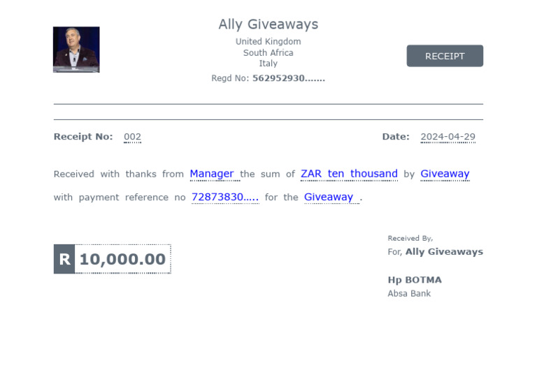 Receipt for ZAR 10,000 Giveaway Payment | PDF