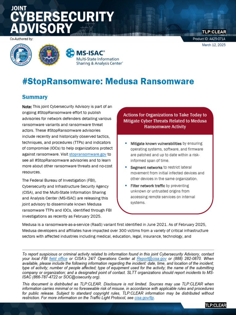 Joint Cybersecurity Advisory StopRansomware, Medusa Ransomware | PDF ...