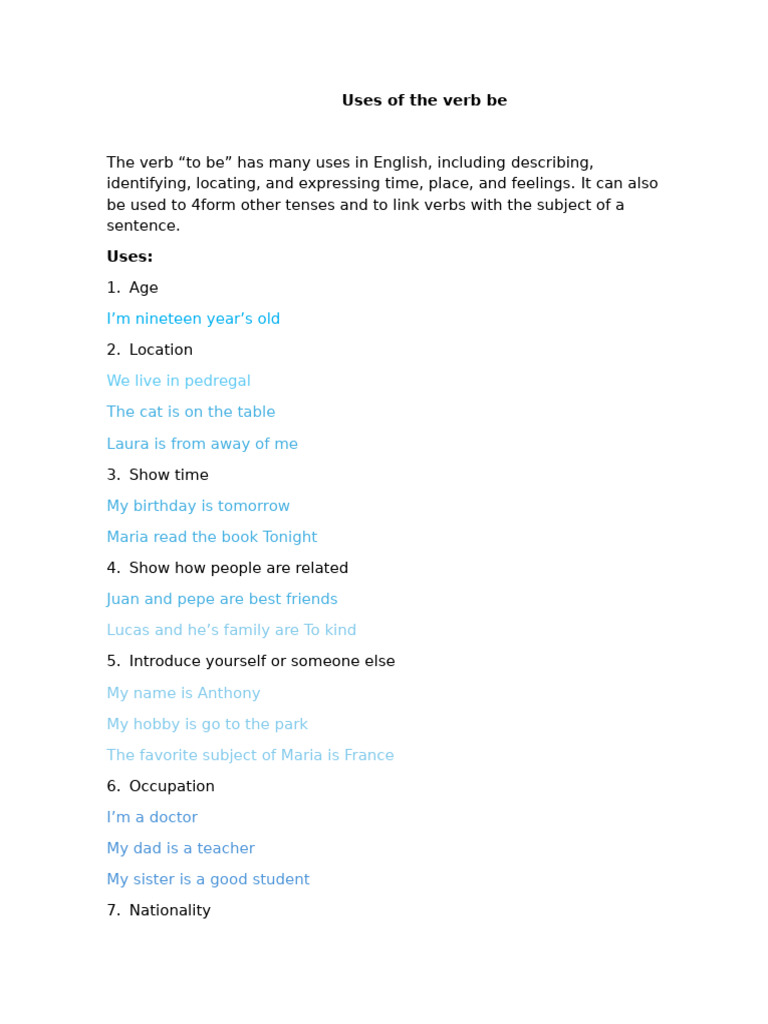 Copia de Uses of the verb be | PDF