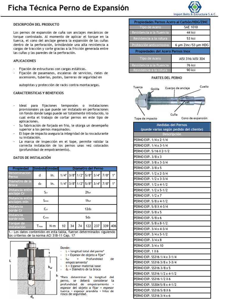 Ficha Técnica Pernos de Expansión Ib&e | PDF | Tornillo | Acero
