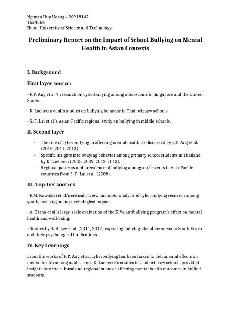 Report of Preliminary Search Bully at School and Its Effects in Asia | PDF