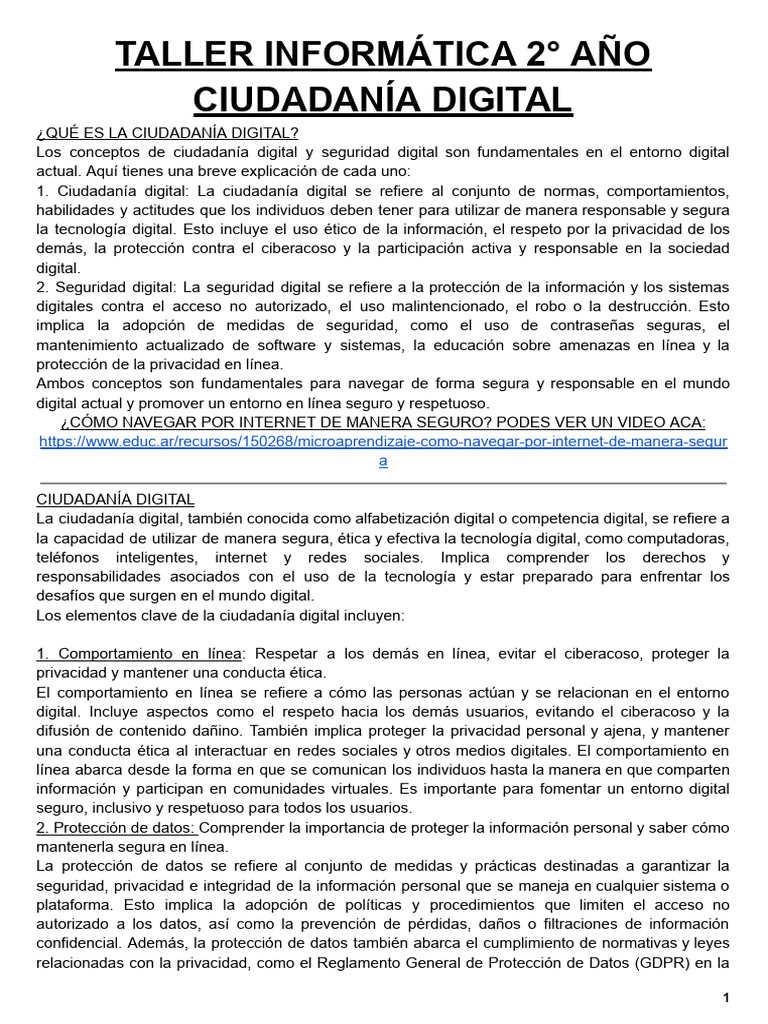 Ciudadanía Digital - Taller Informatica 2° Año Iva | PDF | Internet | La seguridad informática