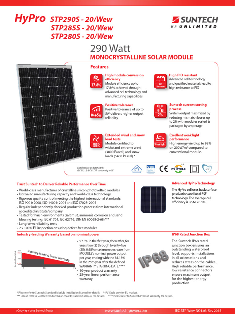 Suntech - Datasheet - 290 WP | PDF | Solar Panel | Electricity