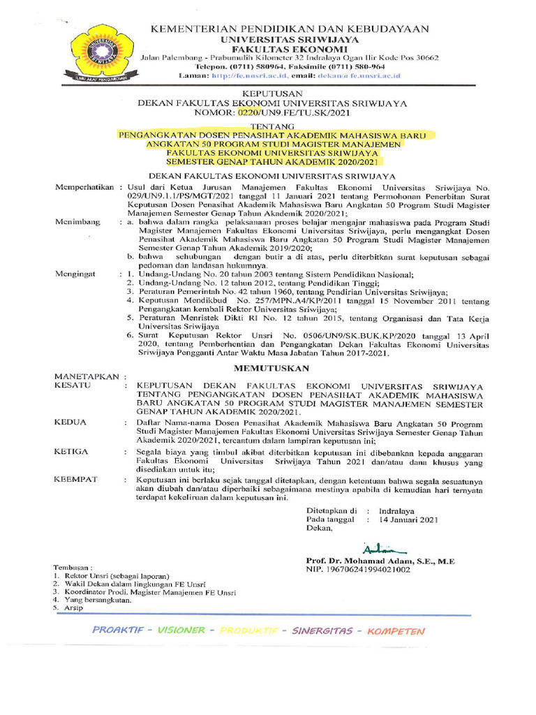 SK PA No. 0220 Tahun 2020-2021 Semester Genap S2 Magister Manajemen | PDF