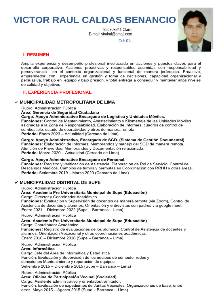 2023-Cvlima - Victor Raul Caldas Benancio 40308099 | PDF | Lima | Logística