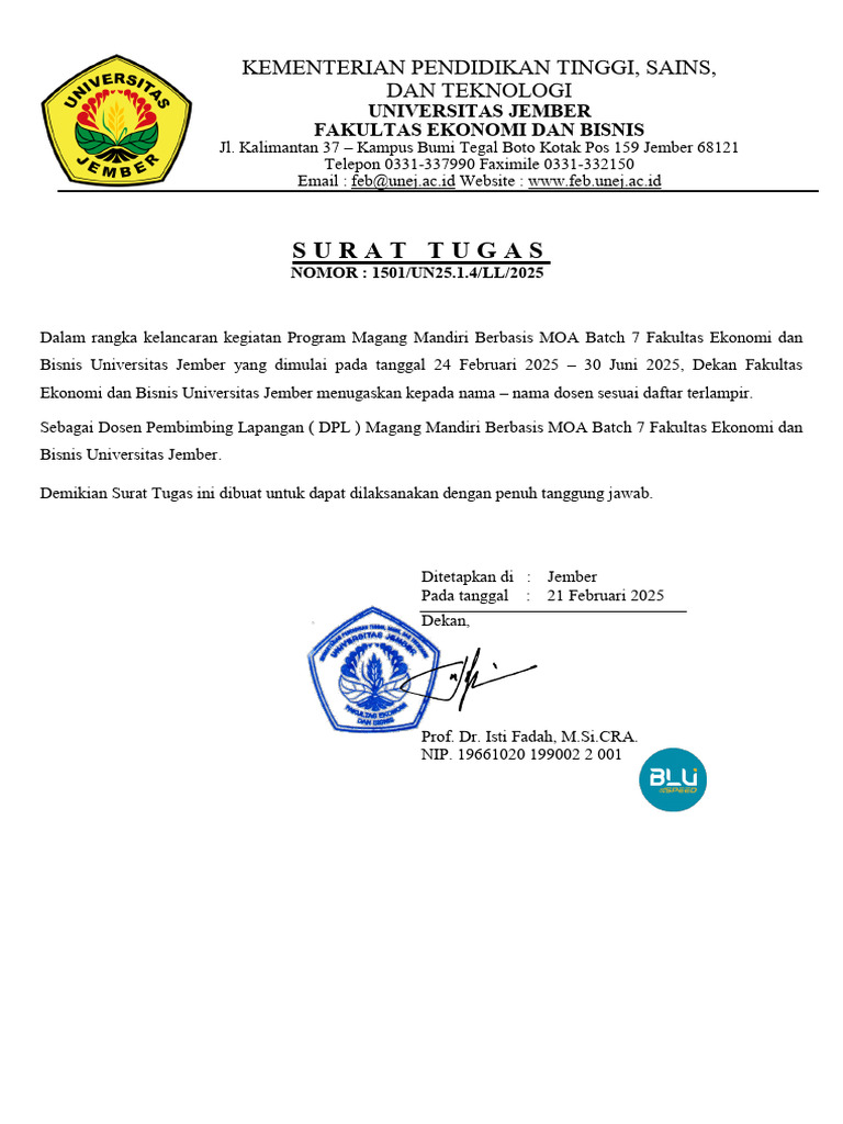 Surat Tugas DPL Magang Mandiri Moa Batch 7 Feb | PDF