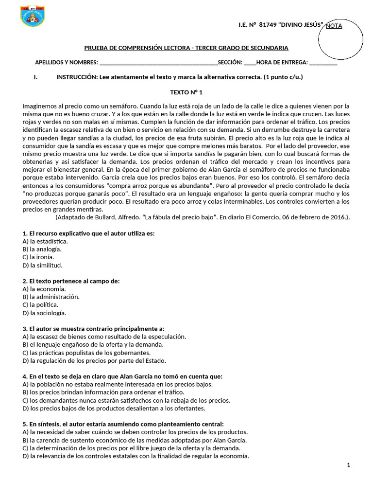 CONCURSO COMPRENSION LECTORA - TERCER GRADO DE SECUNDARIA | PDF ...