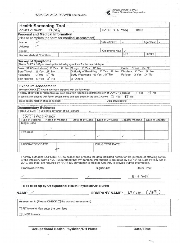 Health Declaration Form Dmci | PDF