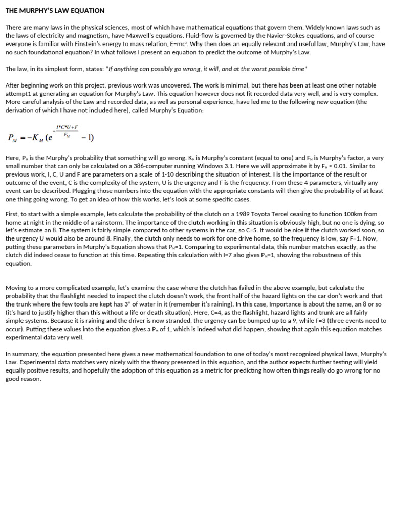 The Murphy's Law Equation | PDF | Equations | Physics