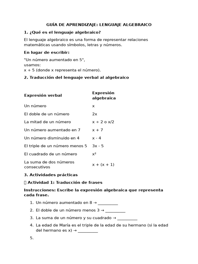 GUÍA de APRENDIZAJE Lenguaje Algebraico | PDF