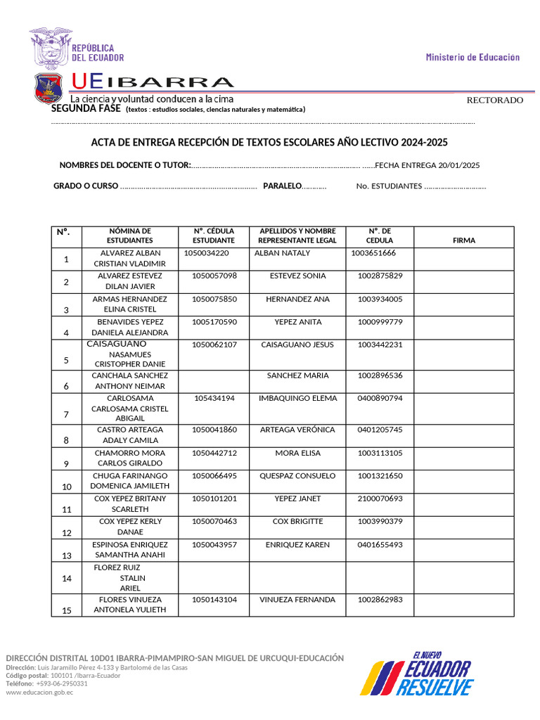Hoja de Firmas de Entrega de Textos 2024-2025 | PDF
