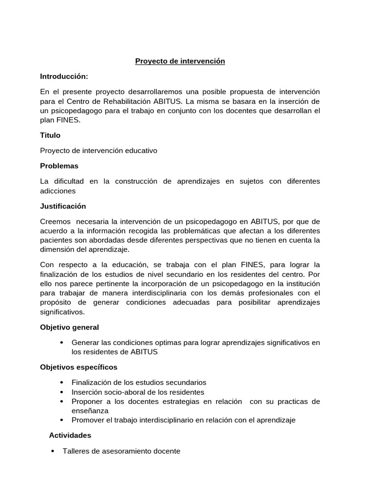 proyecto de intervencion | PDF | Enseñando | Aprendizaje