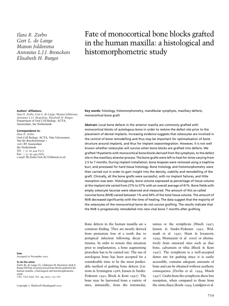 Zerbo - Fate of Monocortical Bone Blocks Grafted - 2003 | PDF | Bone ...