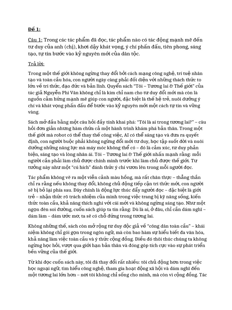 Câu 1: Trong các tác ph m đã đ c, tác ph m nào có tác đ ng m nh mẽ đ n t duy c a anh (ch), kh i ...