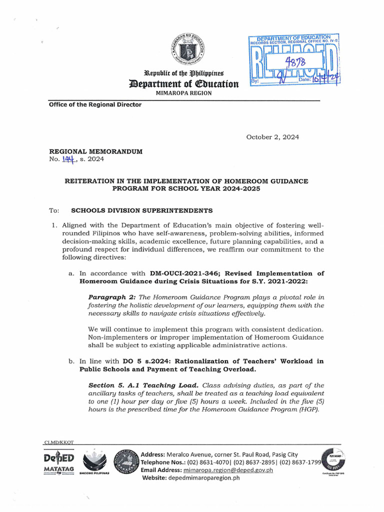 RM No. 144 S. 2024 Reiteration in The Implementation of Homeroom Guidance Program For School ...