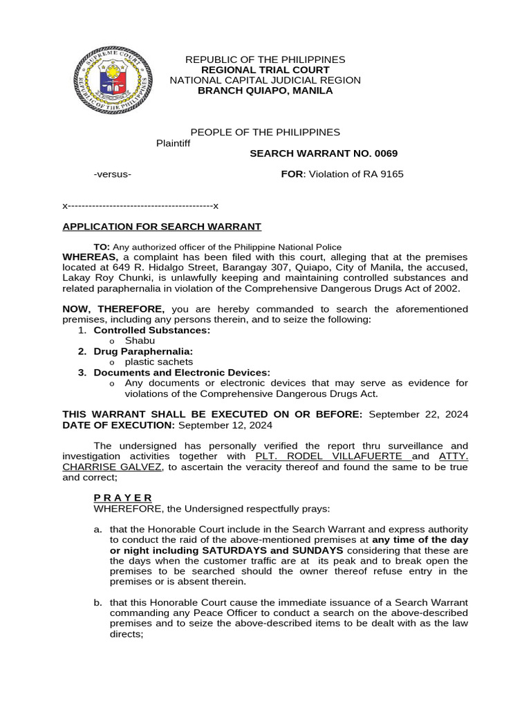1format of Application For Search Warrant | PDF | Search Warrant | Crimes