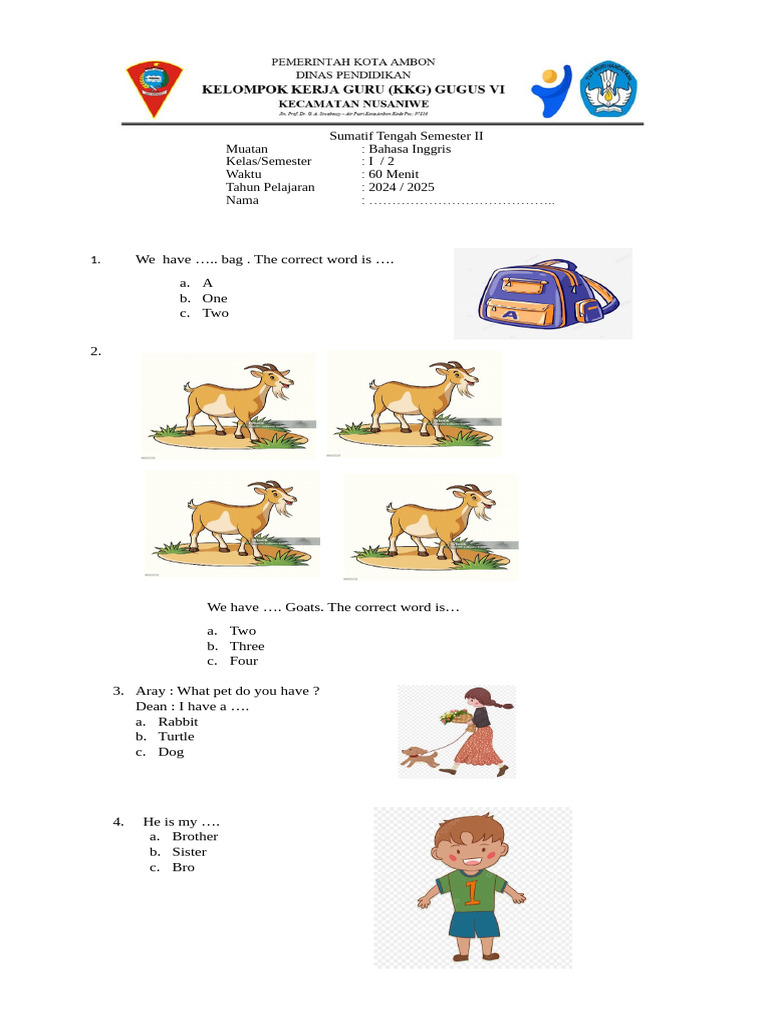 English Midterm Exam for Grade 1 | PDF