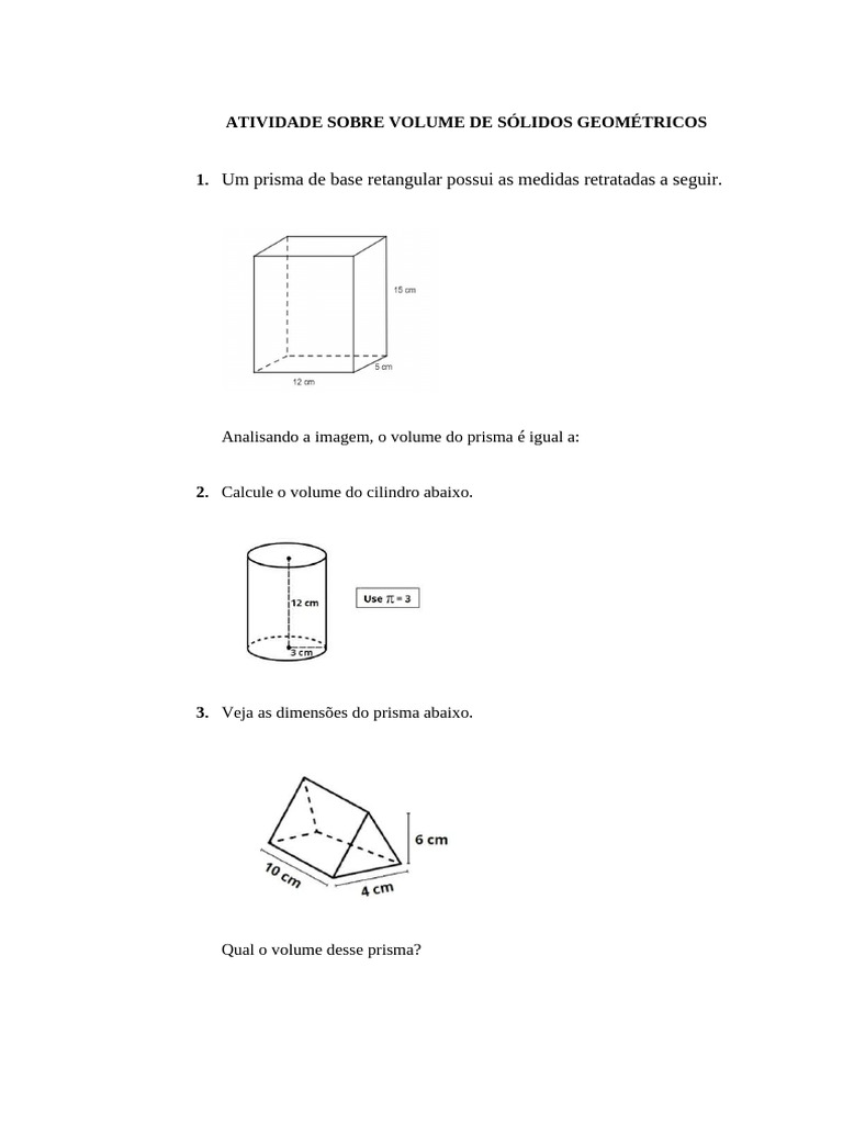 Atividade: Volume de Sólidos Geométricos | PDF