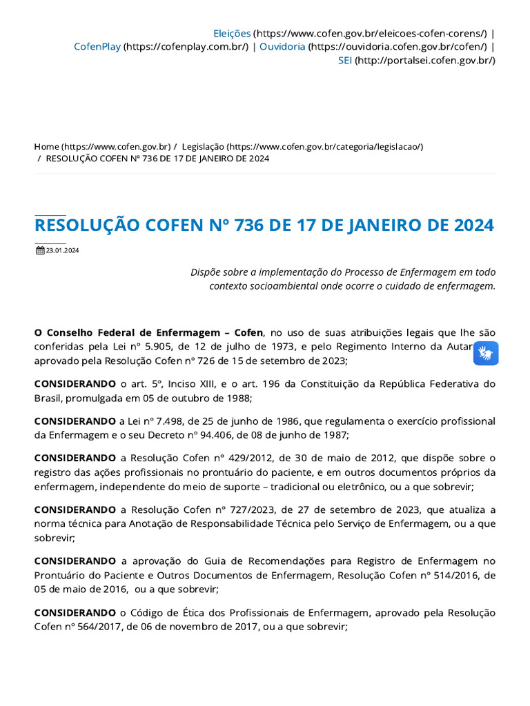 RESOLUÇÃO COFEN #736 DE 17 DE JANEIRO DE 2024 - Cofen | PDF ...