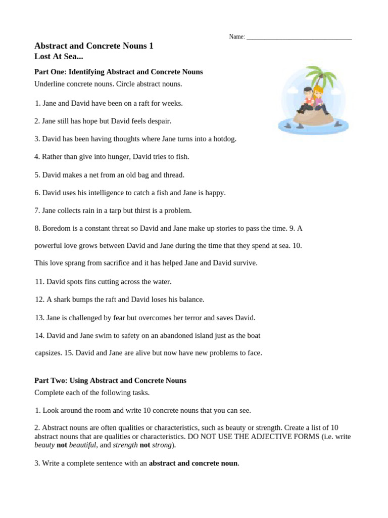 Concrete and Abstract Nouns Worksheet 01 | PDF