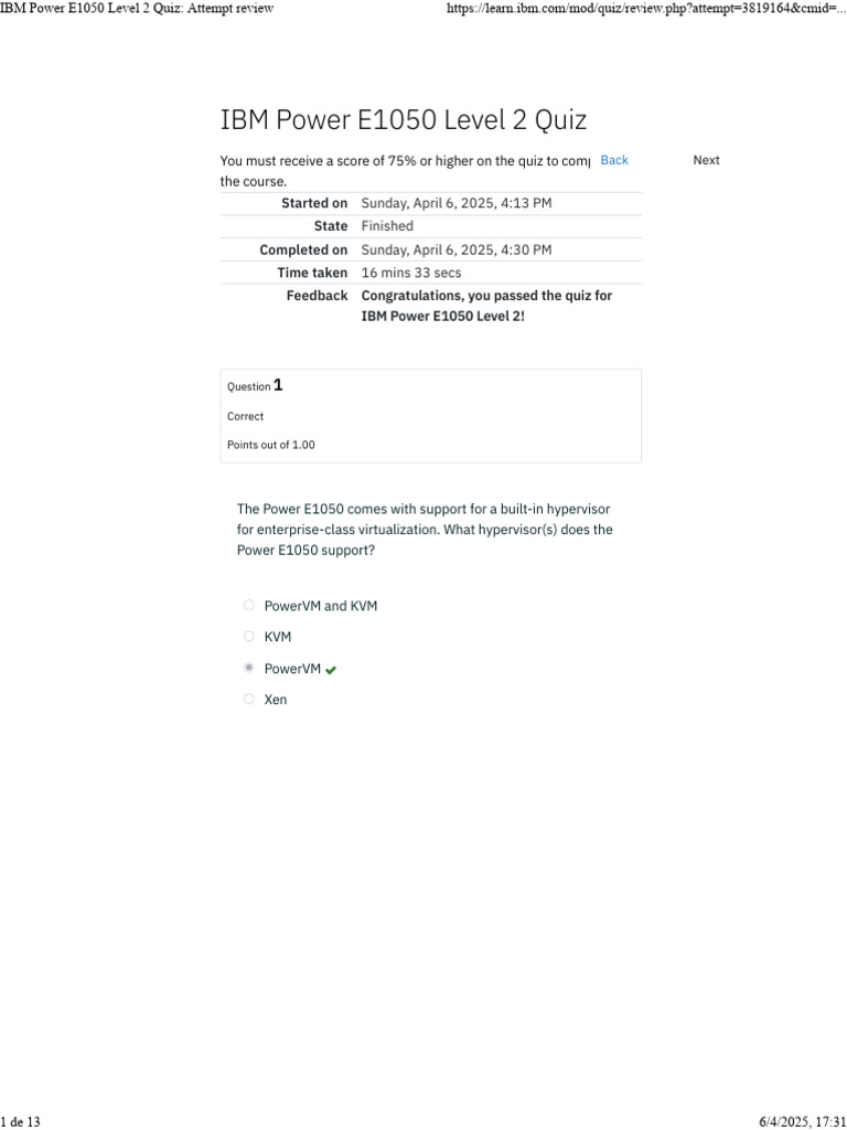 IBM Power E1050 Level 2 Quiz - Attempt Review | PDF | Virtualization | Virtual Machine