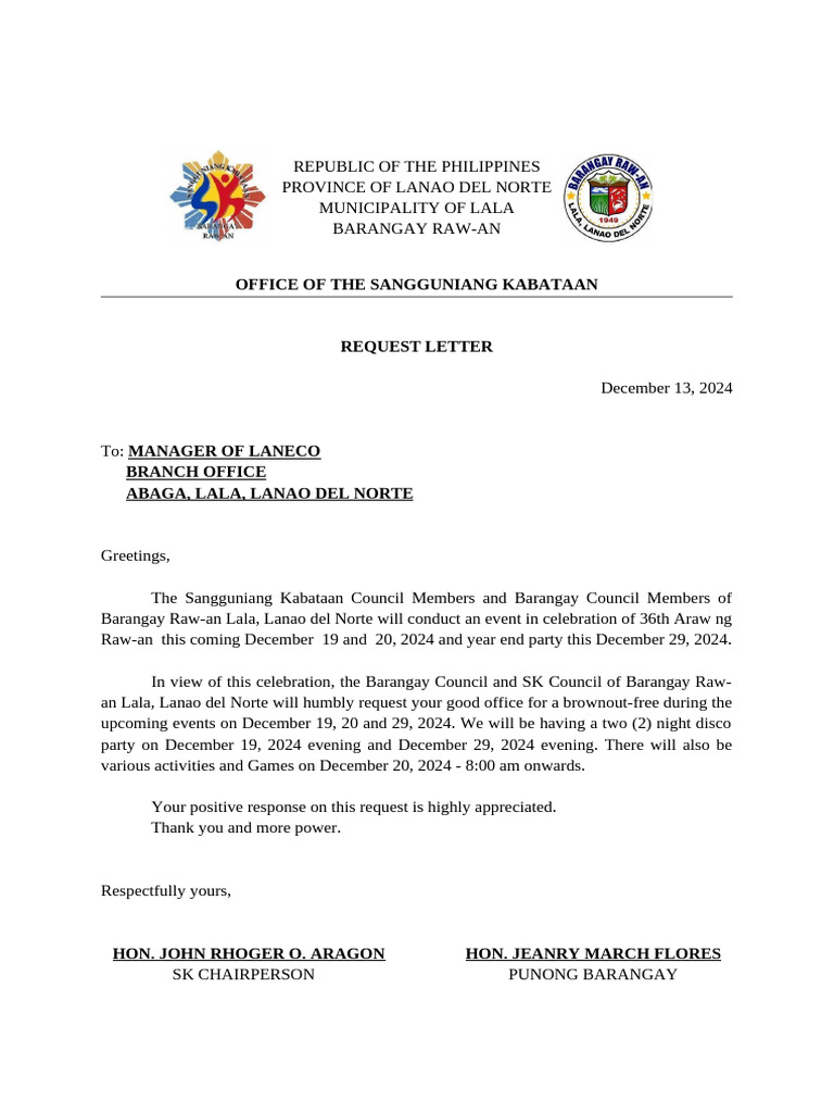 Laneco Request Letter Fiesta 2024 | PDF