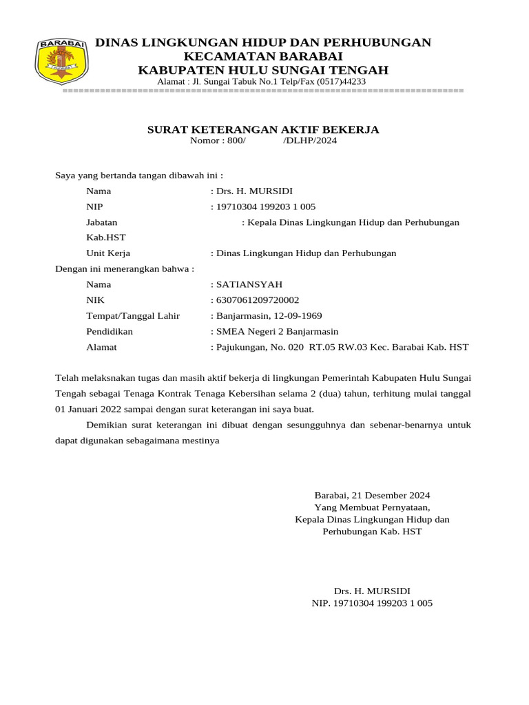Surat Keterangan Aktif Bekerja SARBAINI KB JANNAH HST | PDF
