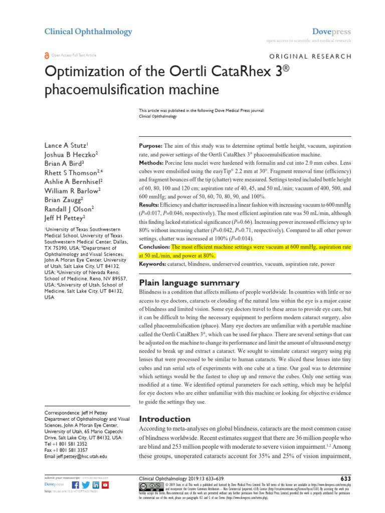 Optimization of The Oertli Catarhex 3 Phacoemulsification Machine - Clinical Ophthalmology ...