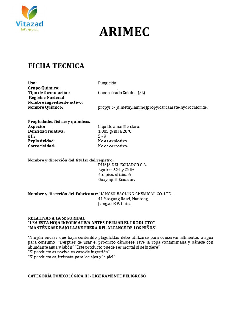 FICHA TECNICA ARIMEC | PDF | Agua | Vómitos