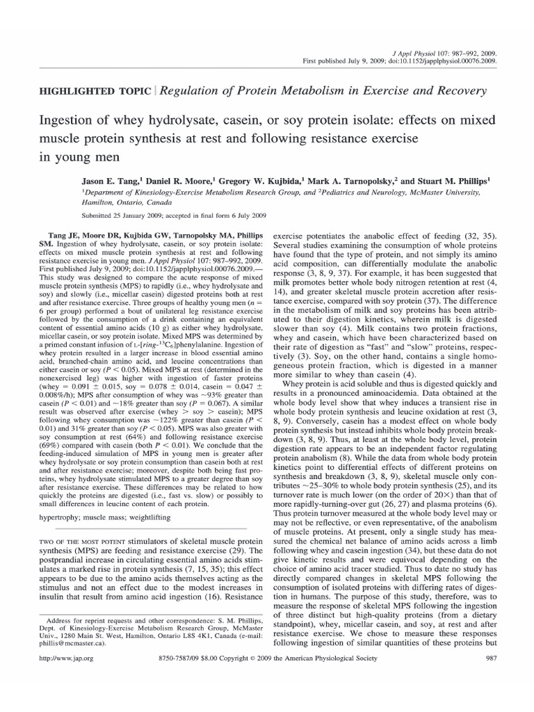 Ingestion of Whey Hydrolysate, Casein, or Soy Protein Isolate - Effects ...