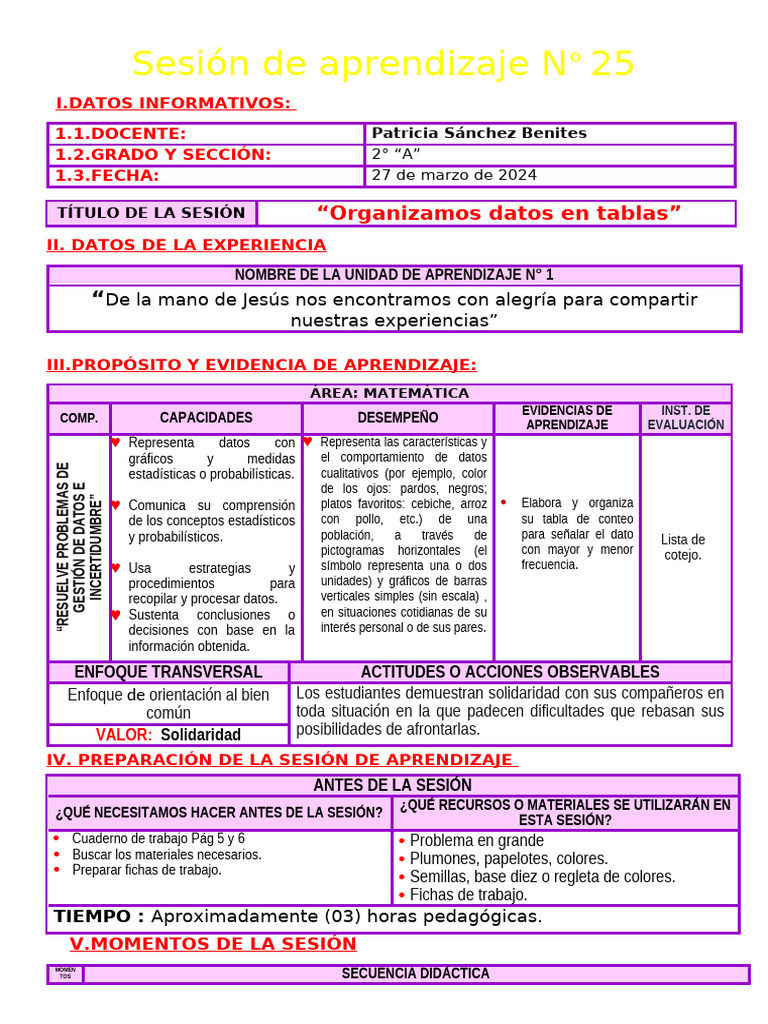 Sesión Organizamos Los Datos en Tablas | PDF | Aprendizaje | Estadísticas