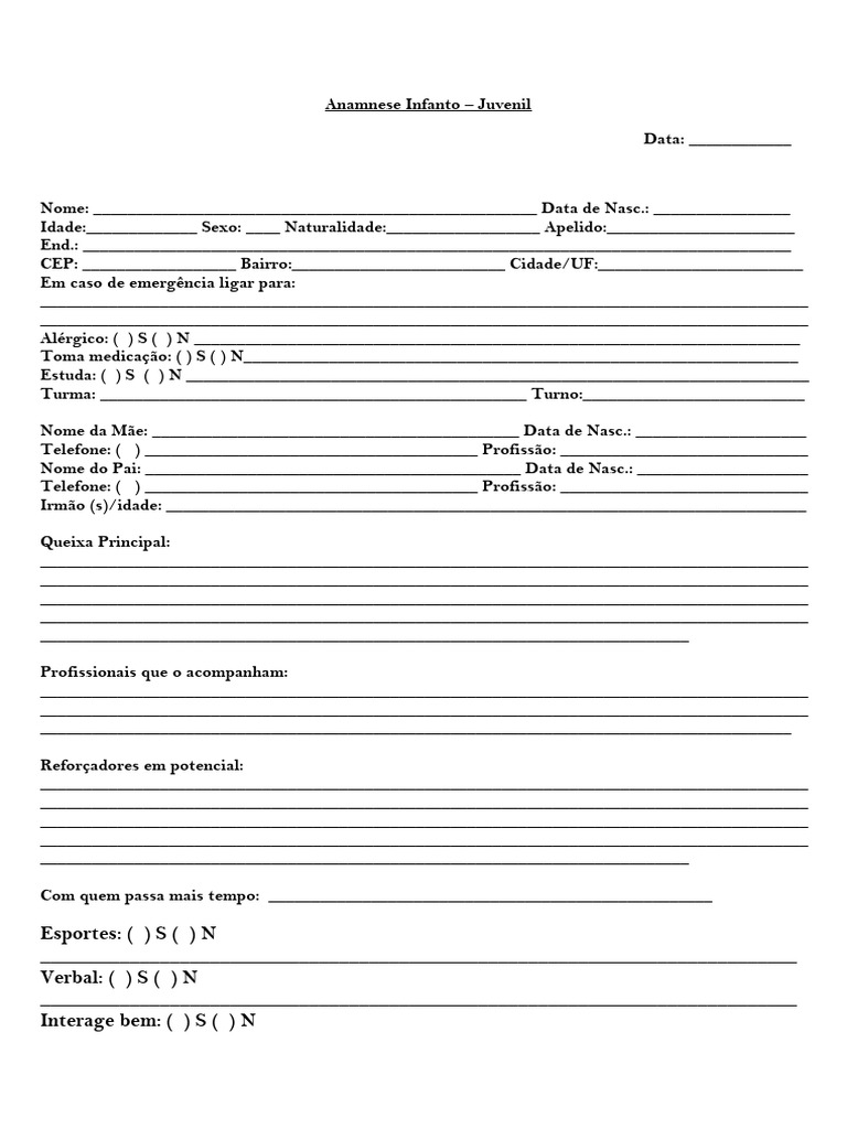 Anamnese Infanto Juvenil Modelo | PDF