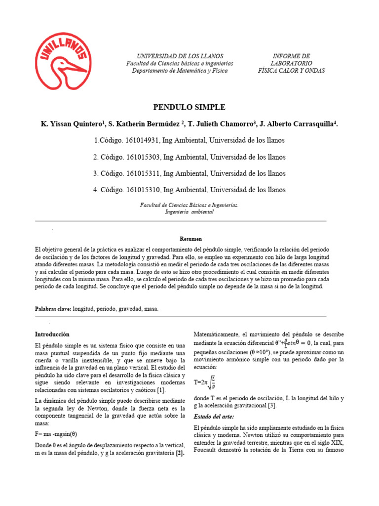 Informe 2 Pendulo Simple | PDF | Péndulo | Gravedad