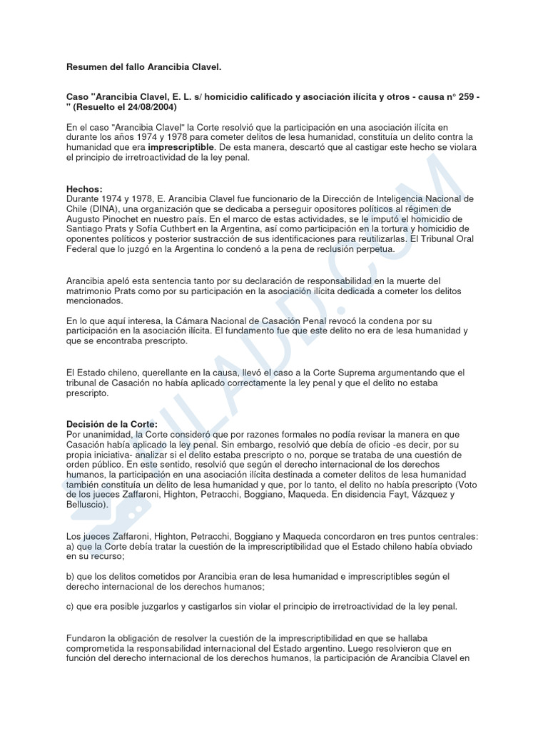 Resumen Del Fallo Arancibia Clavel | PDF | Crímenes | Crimen y violencia